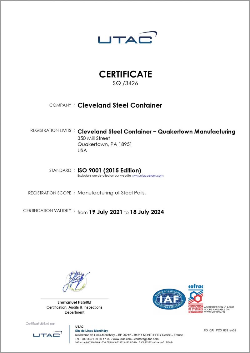 Press Release: Quakertown Awarded ISO 9001:2015 Standard - CSC Pails